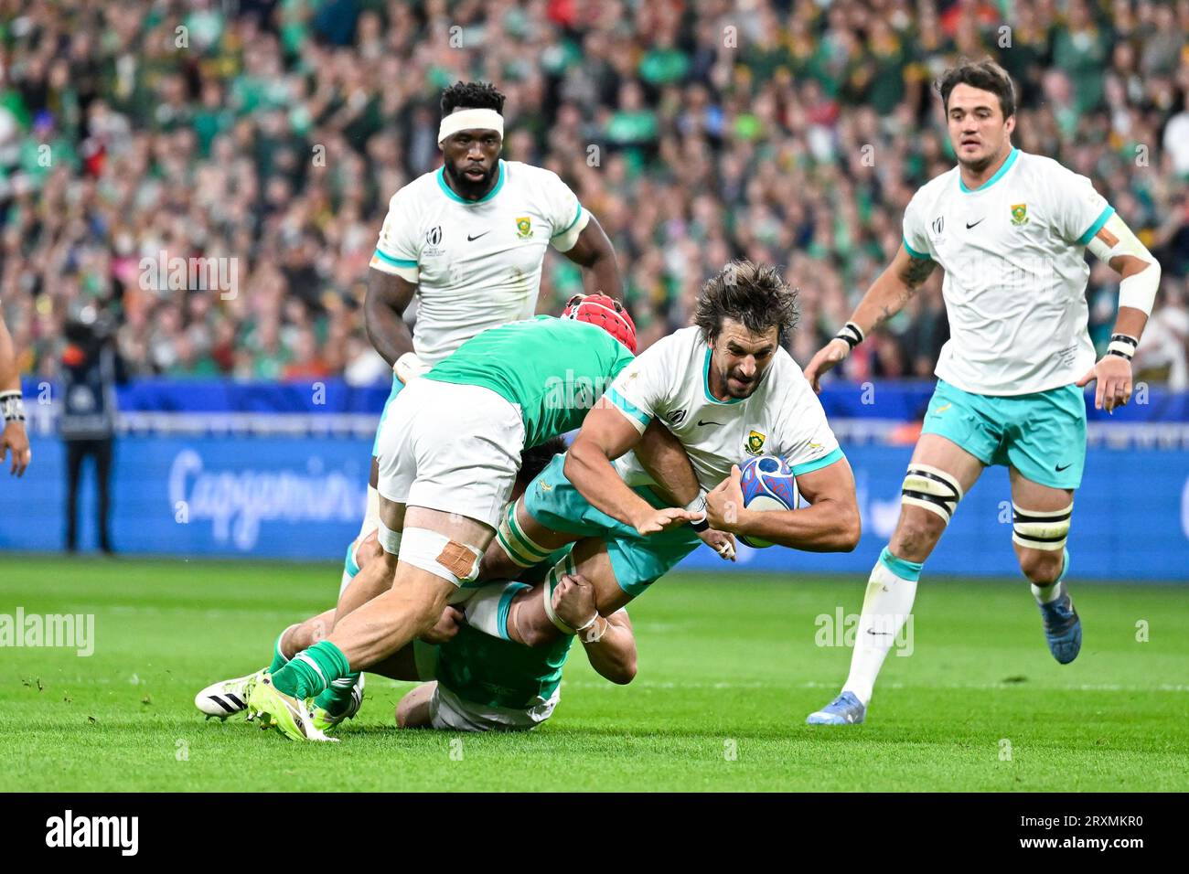 Eben Etzebeth and Siyamthanda Siya Kolisi during a tackle during the ...