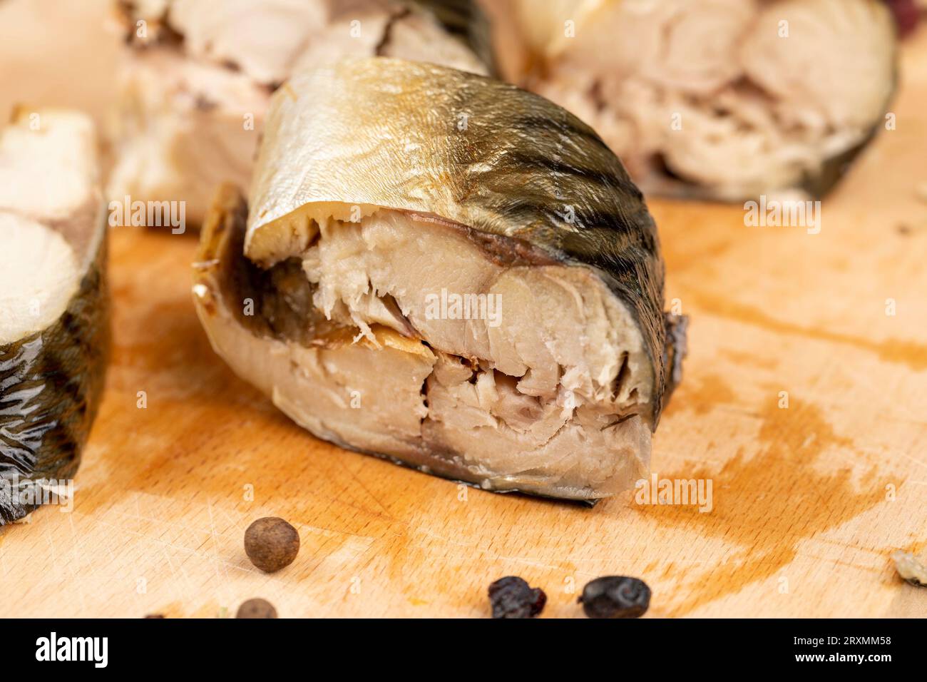 Smoked Atlantic mackerel cut into pieces, delicious meat of mackerel ...