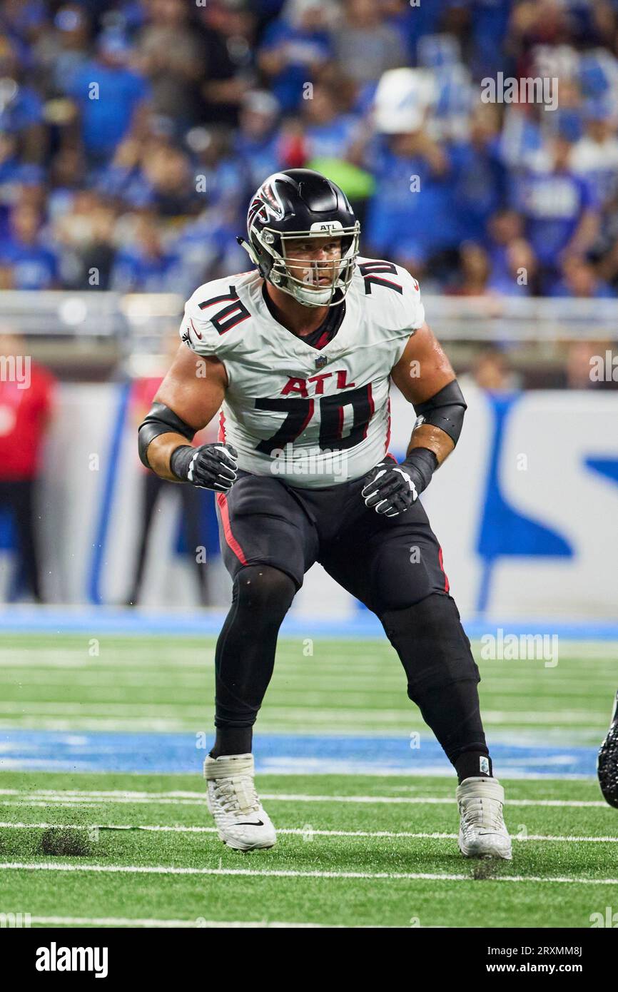 Atlanta Falcons offensive tackle Jake Matthews (70) blocks on offense ...