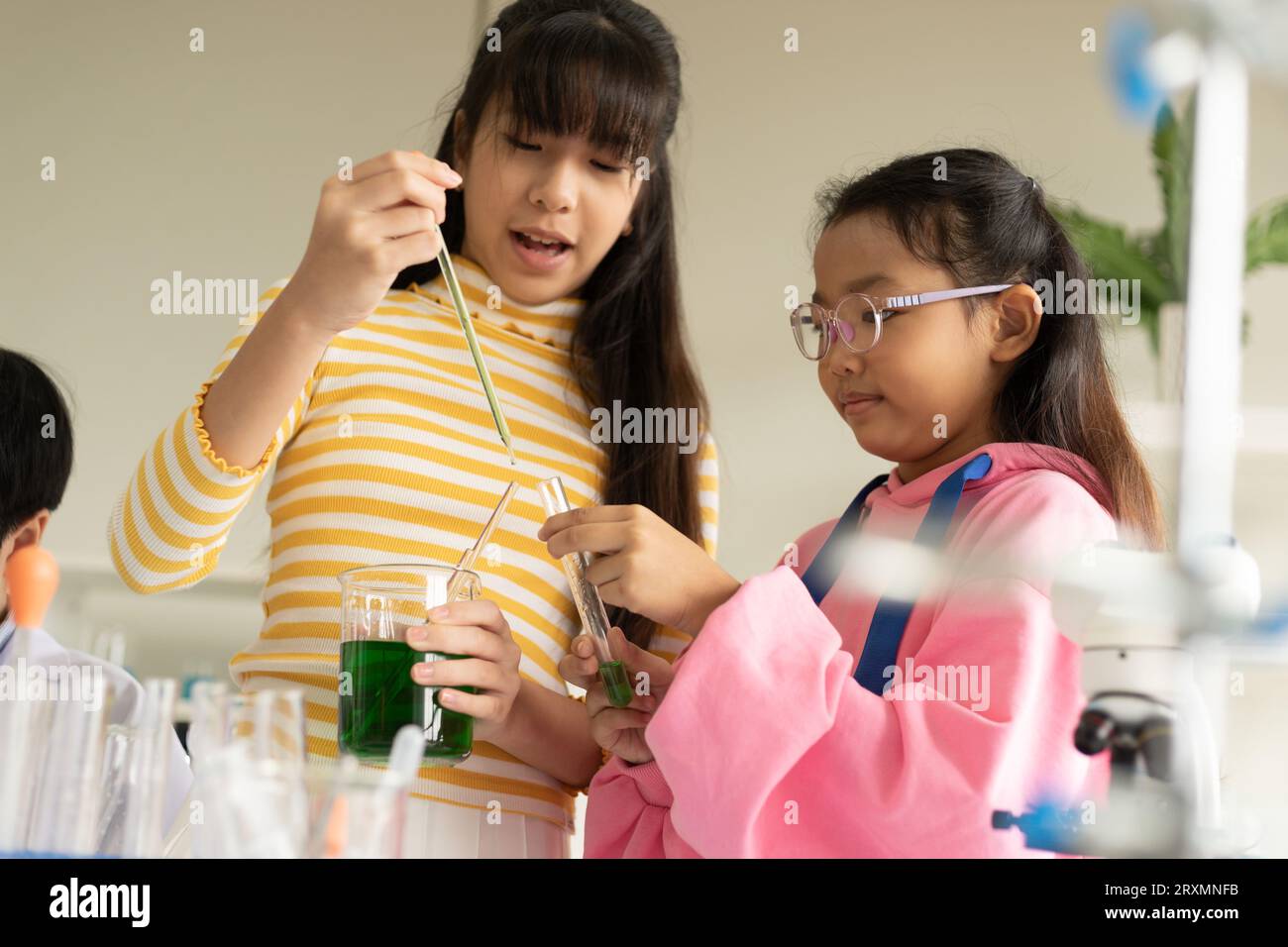 Children scientist doing science experiment test with chemistry in a ...