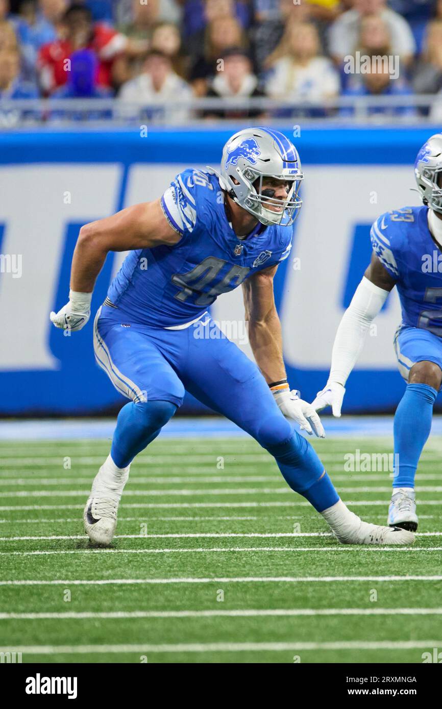 Detroit Lions linebacker Jack Campbell (46) pursues a play on defense ...