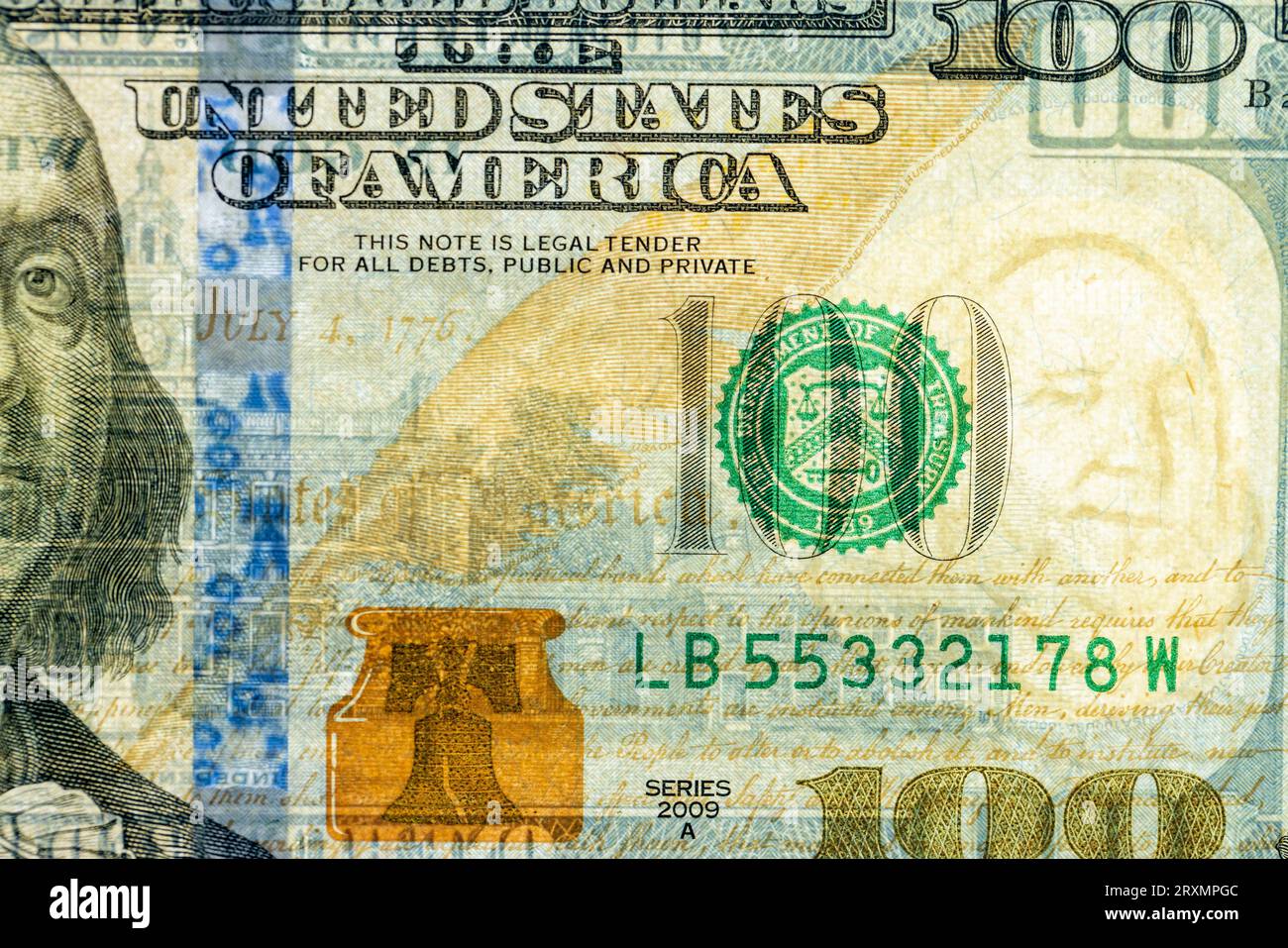 details of a genuine American banknote with a face value of 100, part ...