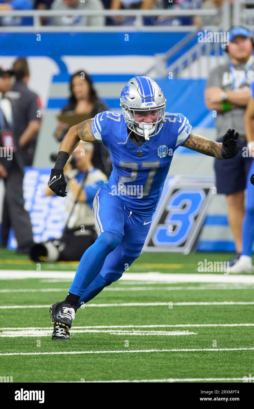 Detroit Lions cornerback Chase Lucas (27) pursues a play on defense ...