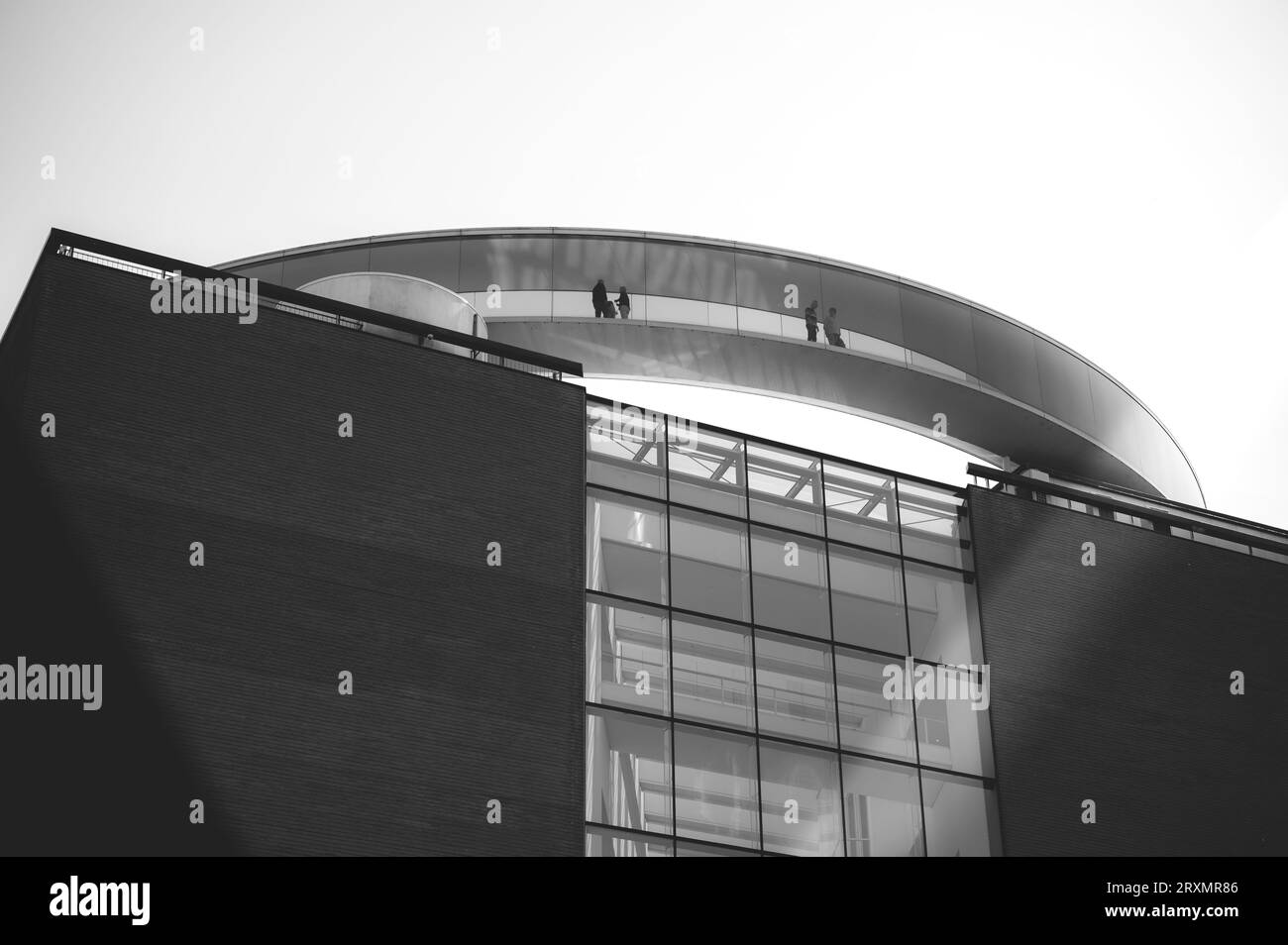 ARoS art museum in Aarhus, low angle view, people walking through a ...