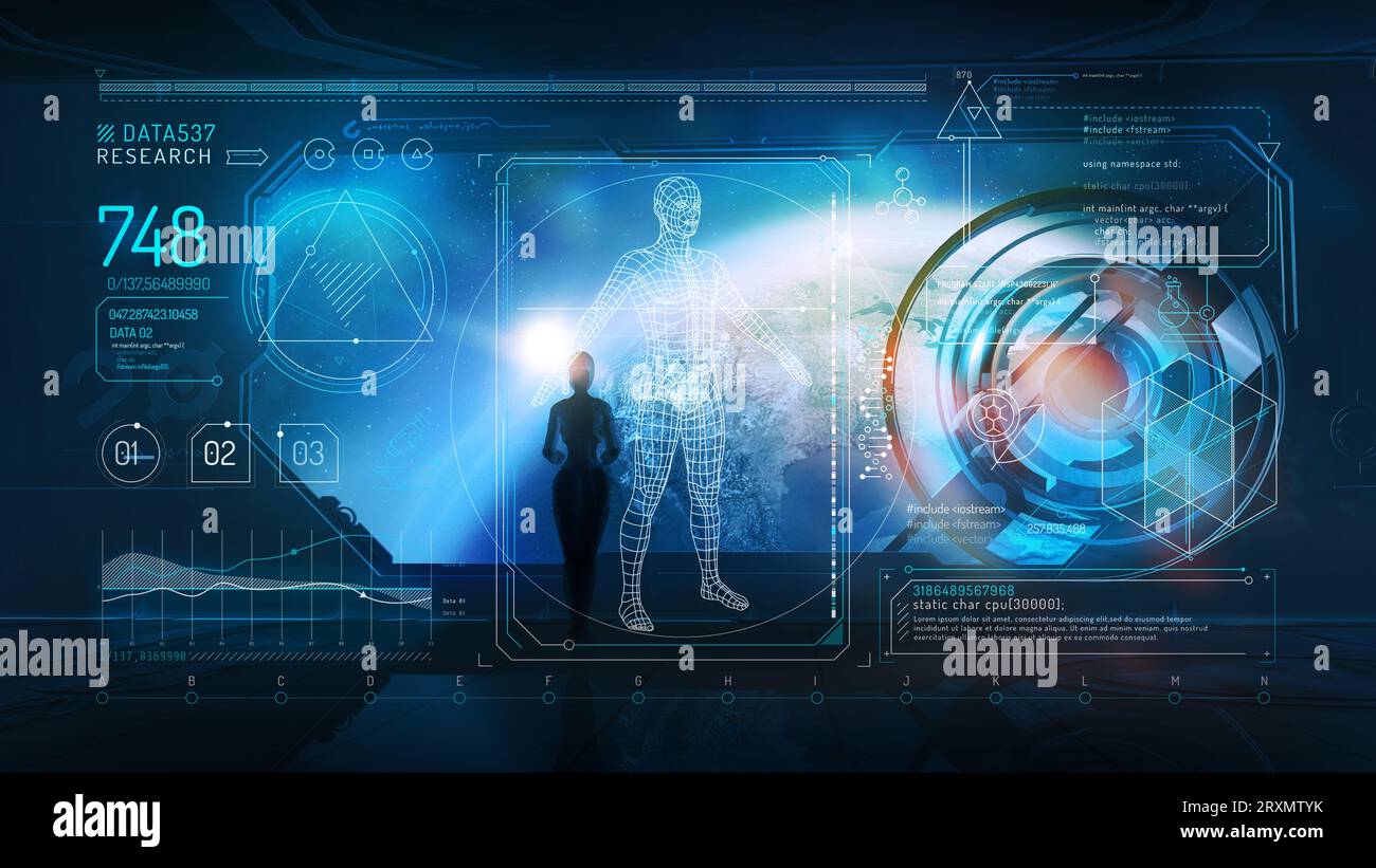 Infographic with 3D human model and scientific data collection on a sci ...