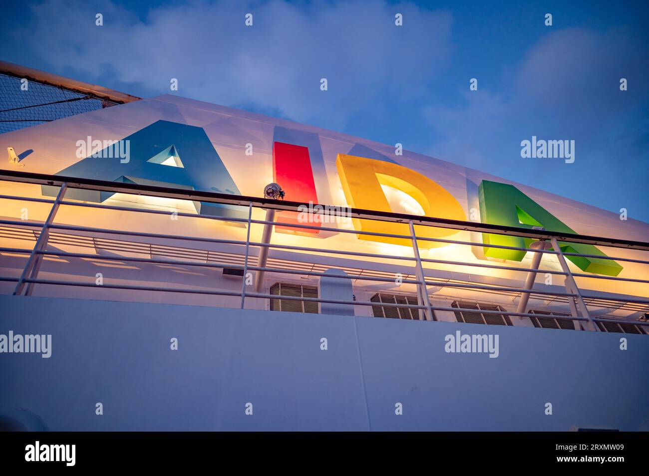 Illuminated AIDA Bella Logo attached to a AIDA cruise ship during ...