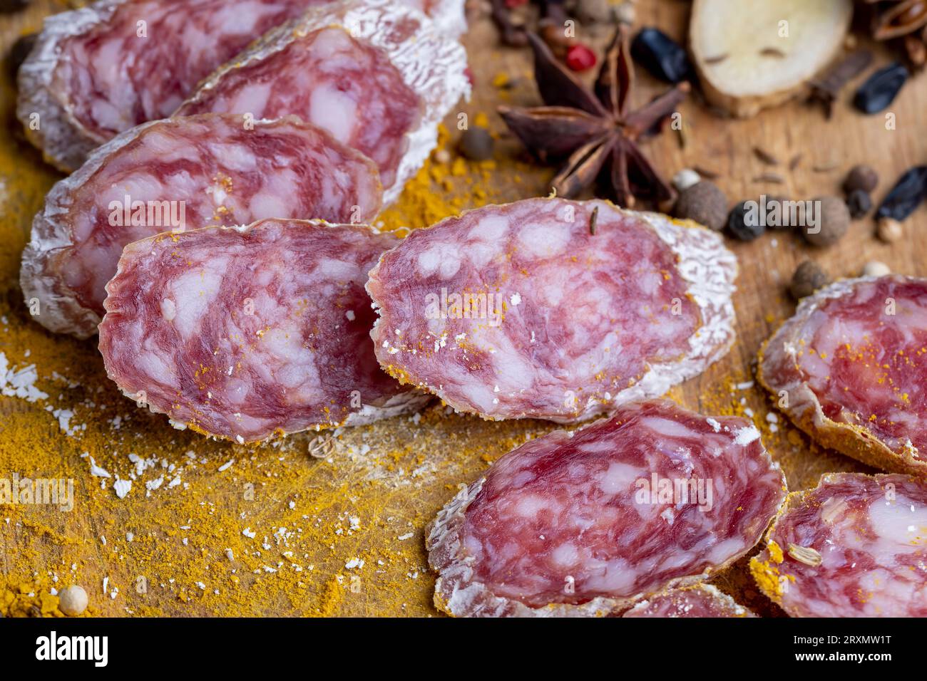 Dried pork sausage with white mold and spices, white mold on dry pork ...