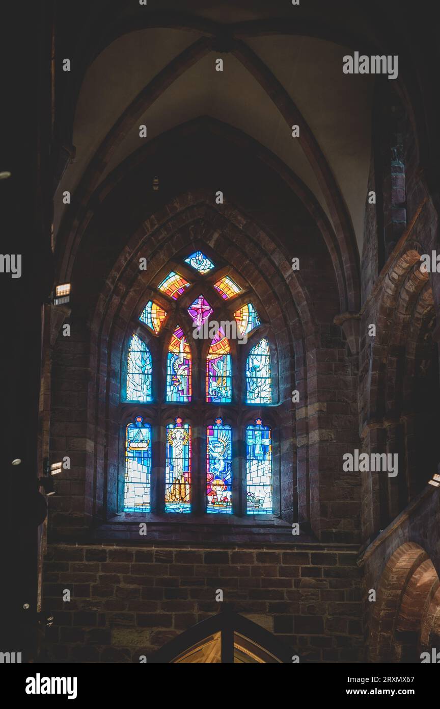 Church Window interior inside of St Magnus Cathedral, Kirkwall vertical ...
