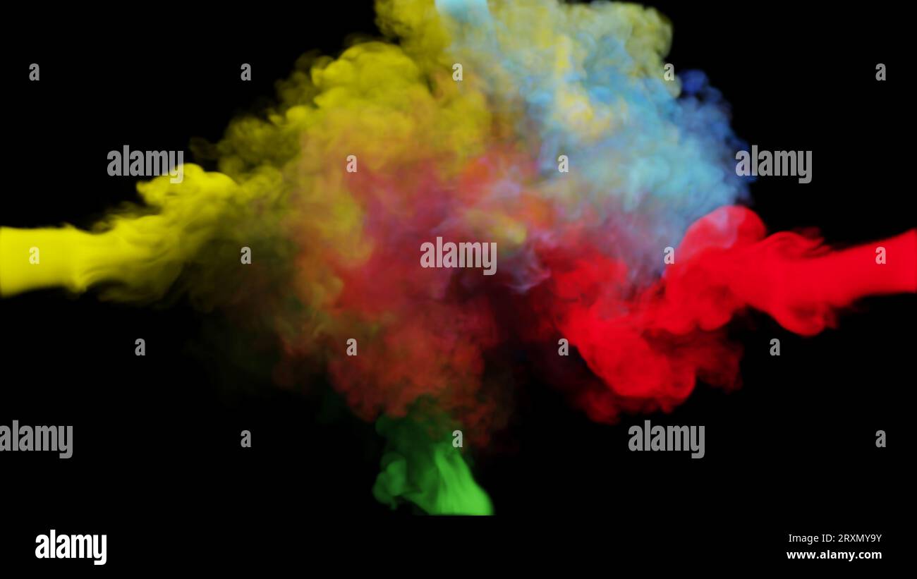 Clubs of multi-colored smoke collide from four sides on a black ...