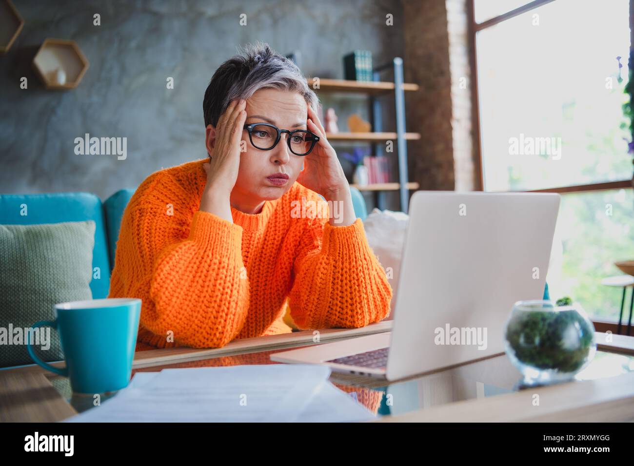 Photo of tired upset mature lady dressed orange sweater having much ...
