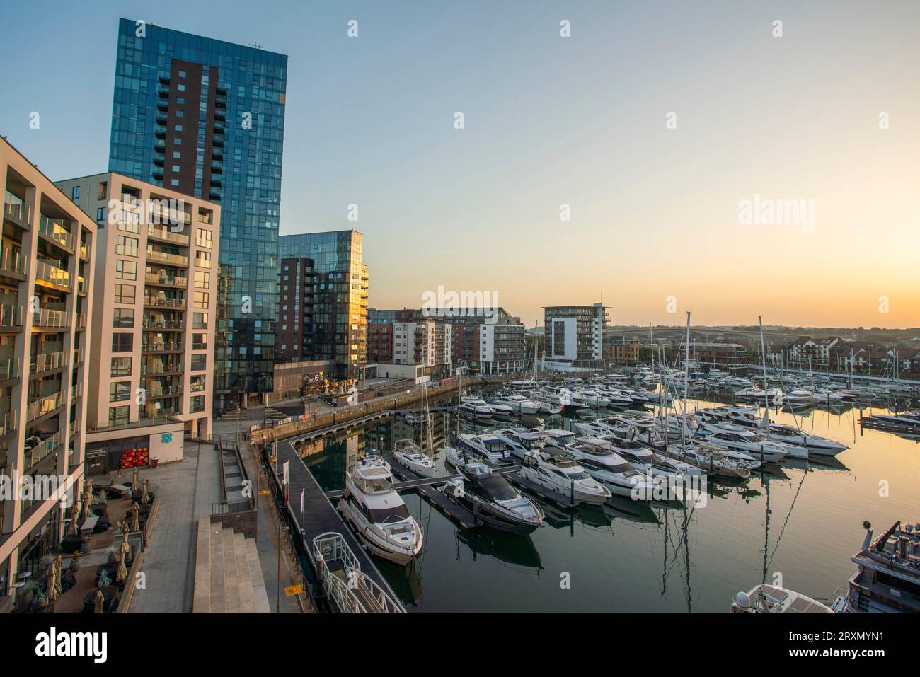 Elevated view of Ocean Village Marina in Southampton at sunrise with ...