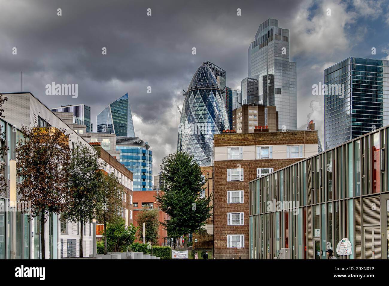 The Gherkin and 22 Bishopsgate seen from Commercial Road Spitalfields ...