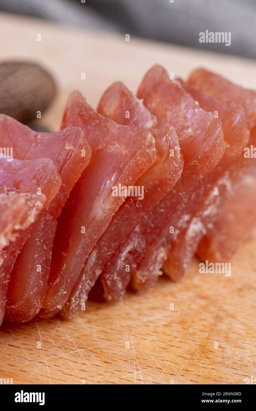 Sliced square sausage from chicken fillet, cured sausage made from high ...
