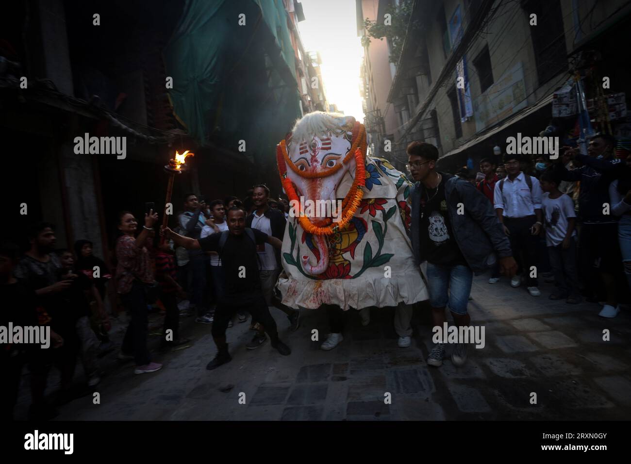 Kathmandu, Bagmati, Nepal. 26th Sep, 2023. An elephant-masked performer ...