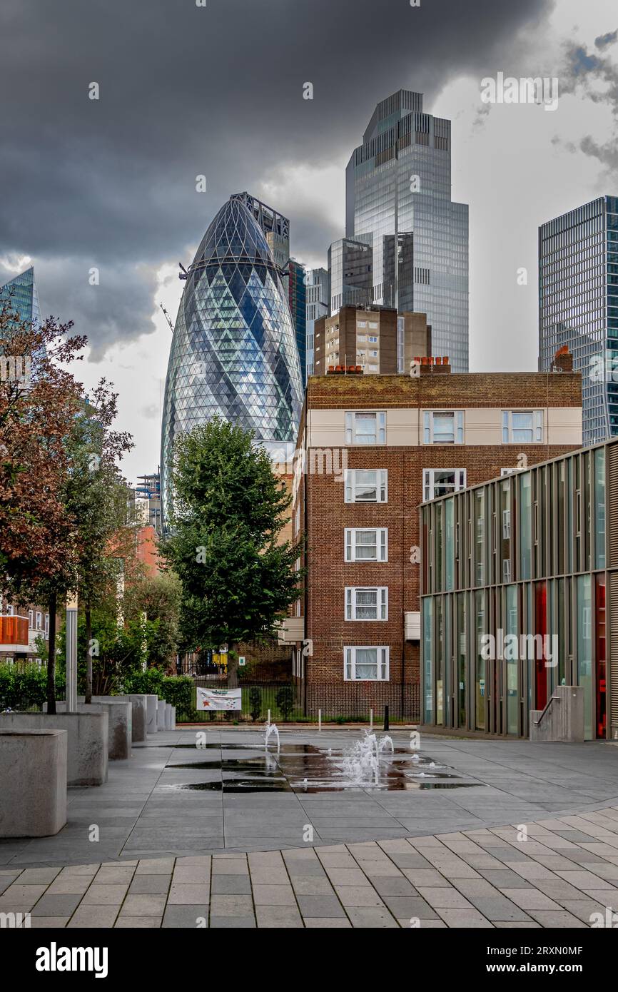 The Gherkin and 22 Bishopsgate seen from Commercial Road Spitalfields ...