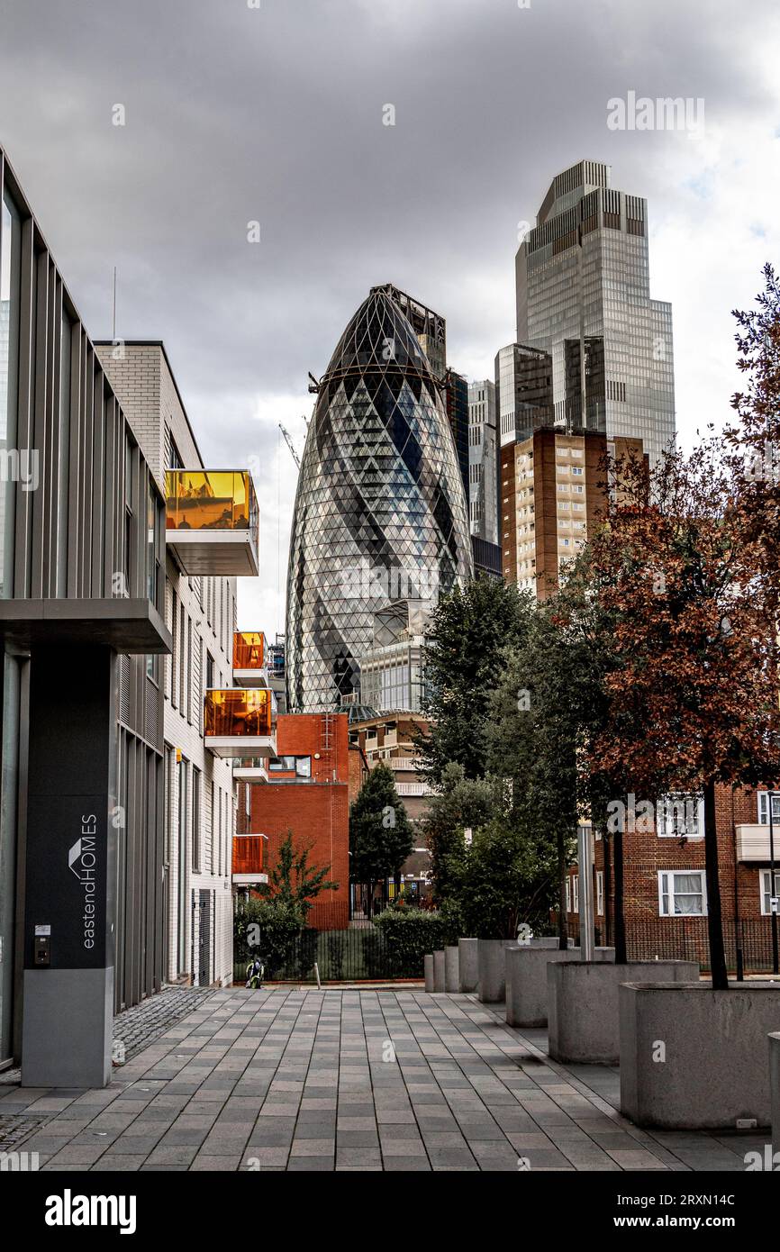 The Gherkin and 22 Bishopsgate seen from Commercial Road Spitalfields ...
