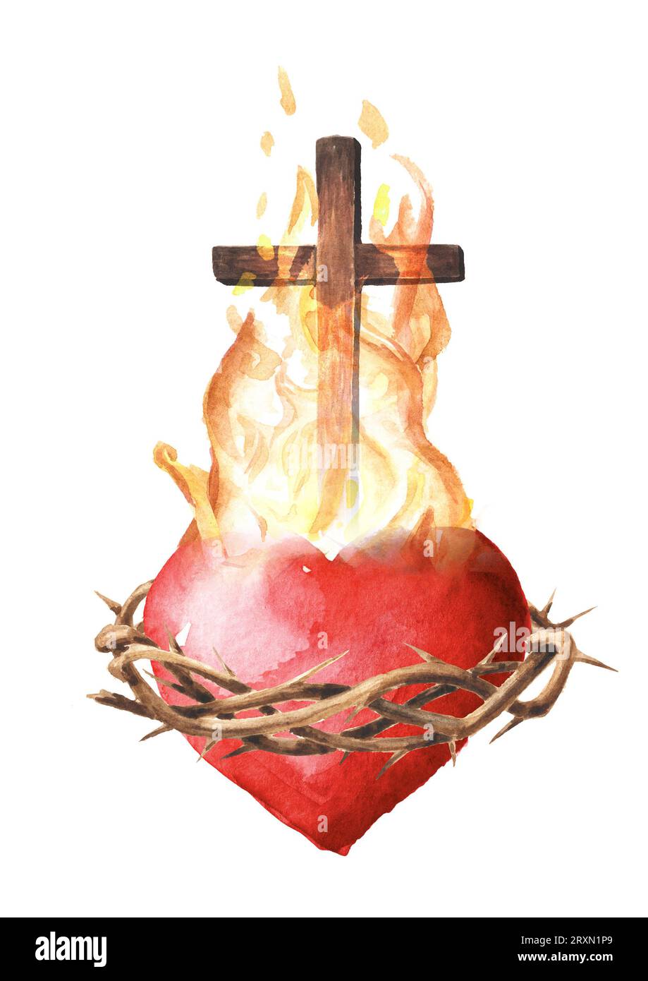 Sacred Heart of Jesus with catholic cross. Hand drawn watercolor ...