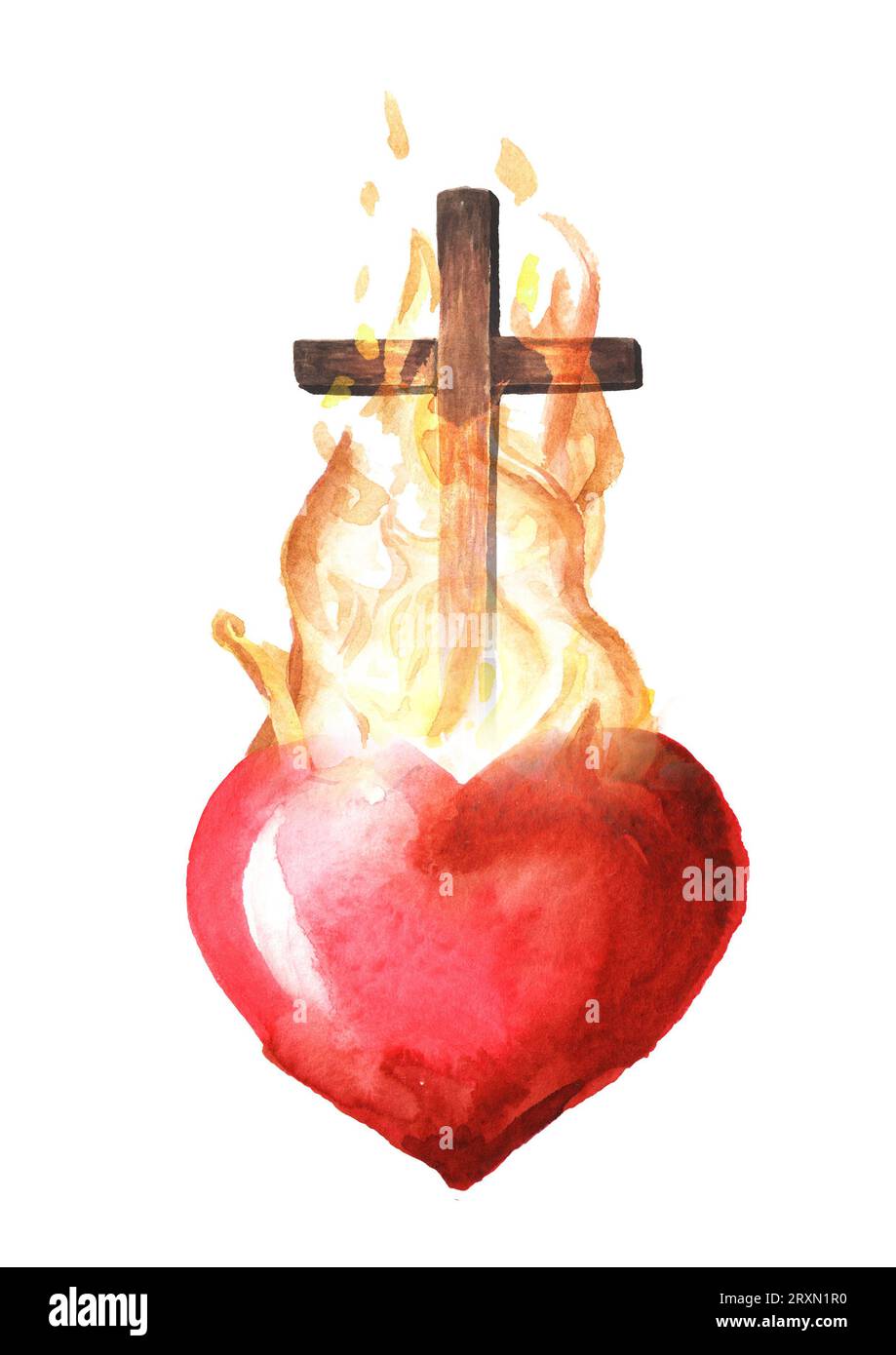 Sacred Heart of Jesus with catholic cross. Hand drawn watercolor ...