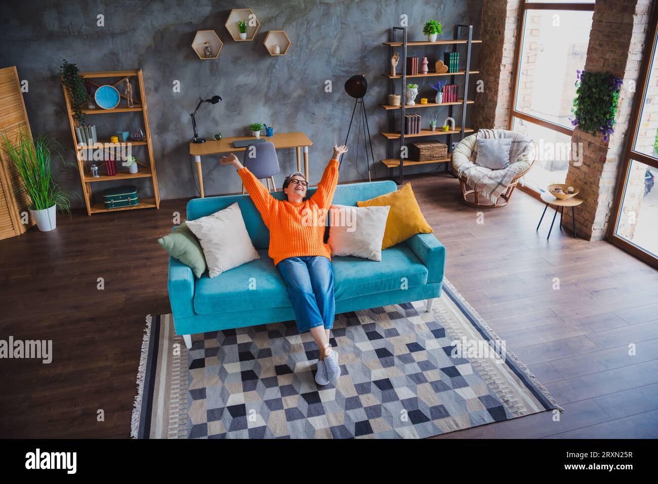 High angle view full size photo of cheerful lovely aged lady sit comfy ...
