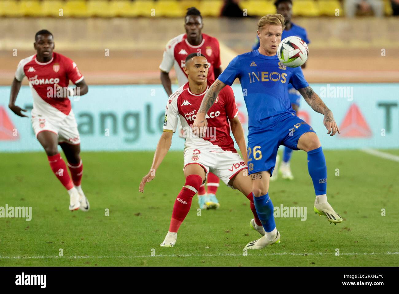 Melvin Bard of Nice, left Vanderson de Oliveira Campos of Monaco during ...