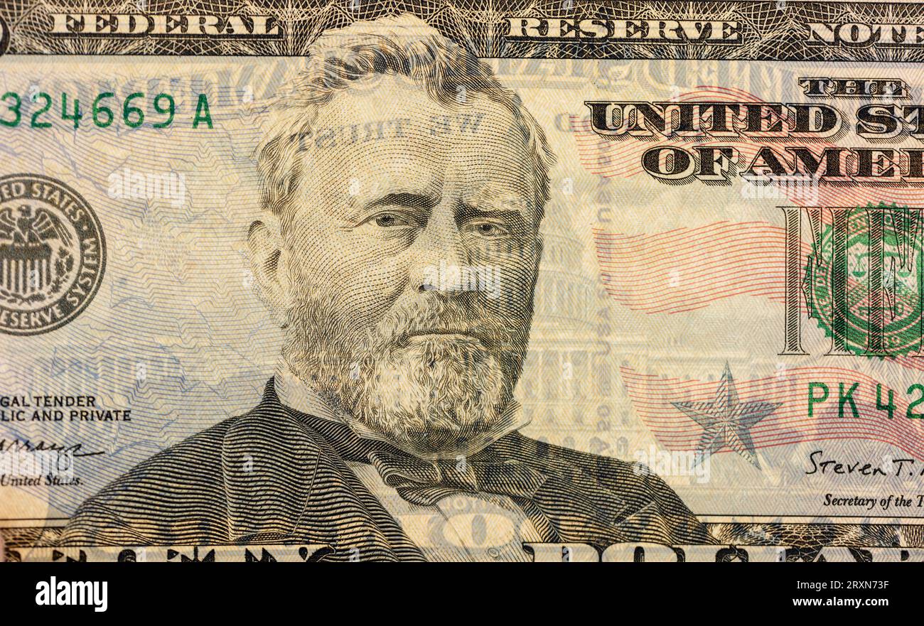 Details of American money close-up, details of an American fifty dollar ...