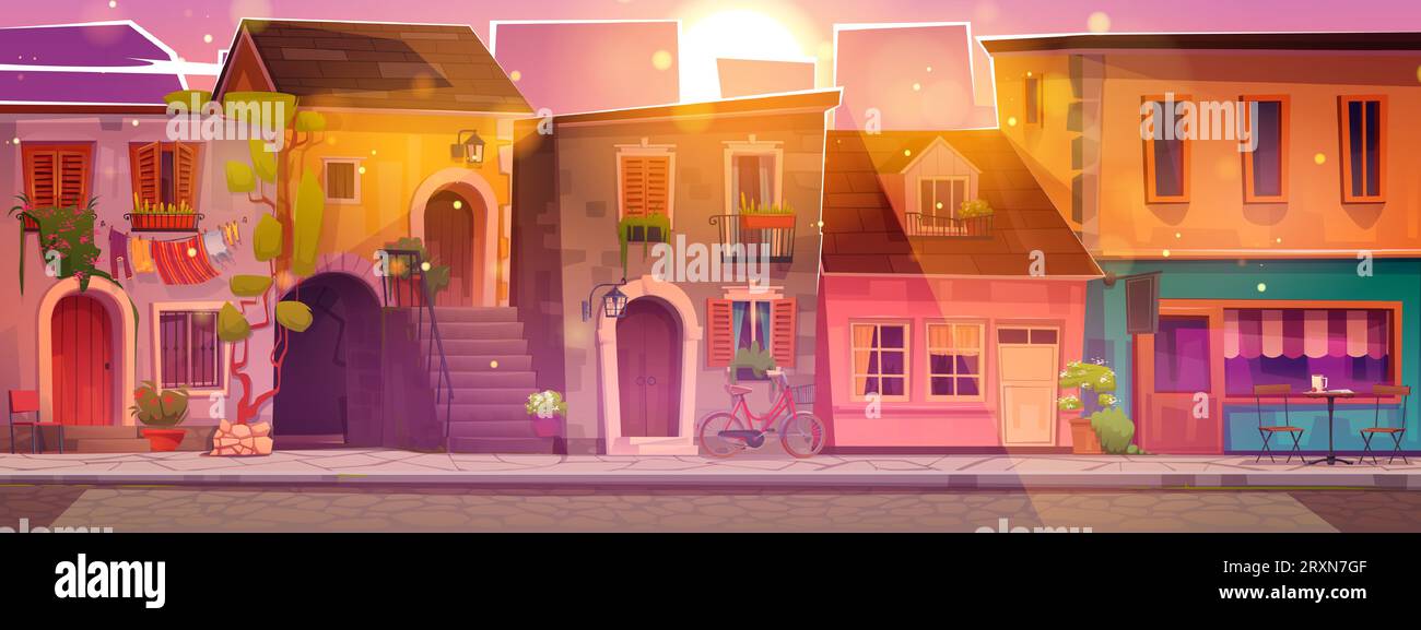 Sunset in vintage Italy city street vector background. Restaurant ...