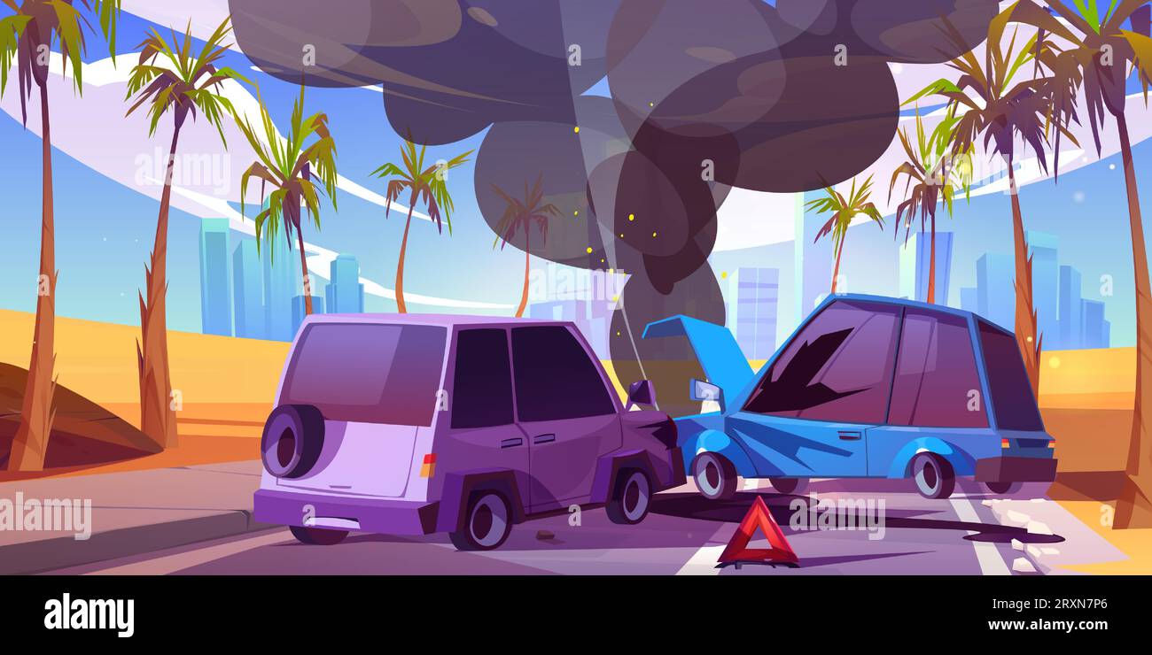 Car traffic crash accident on desert road injury vector illustration ...