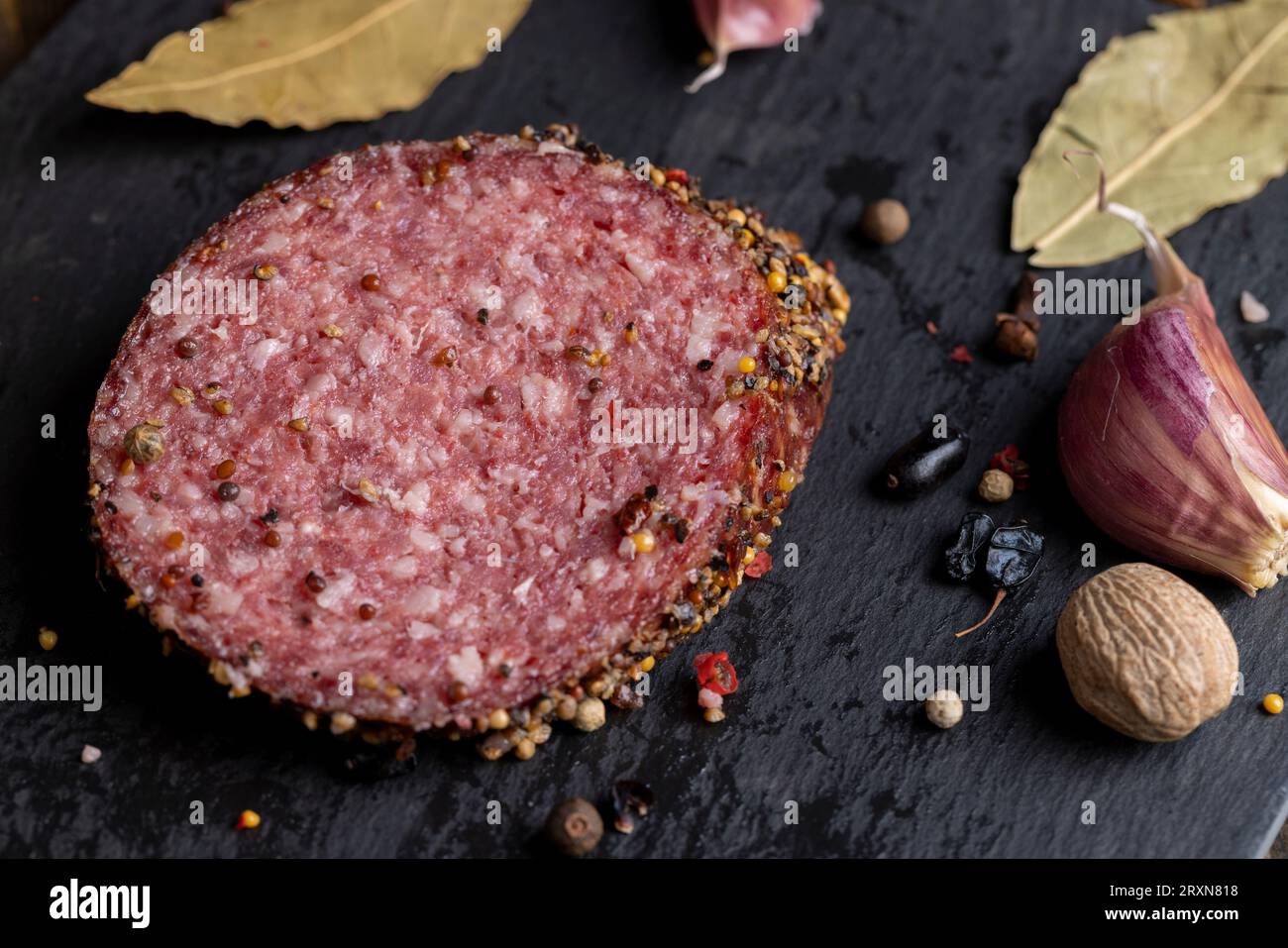 Sliced salami using beef meat with spices, fresh and delicious beef ...