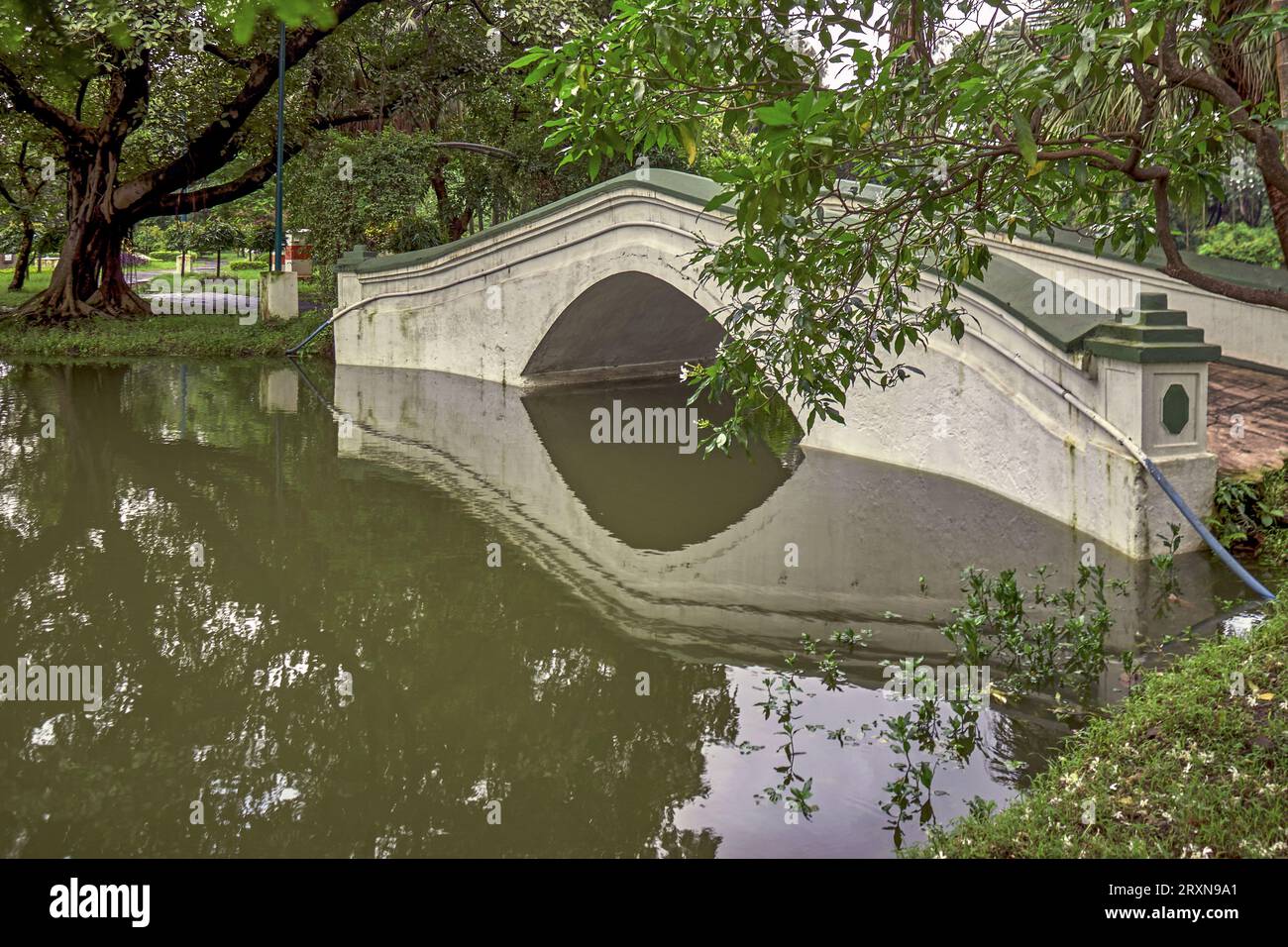08 13 2007 Eden Garden Chinese arch bridge in small lake green shady ...