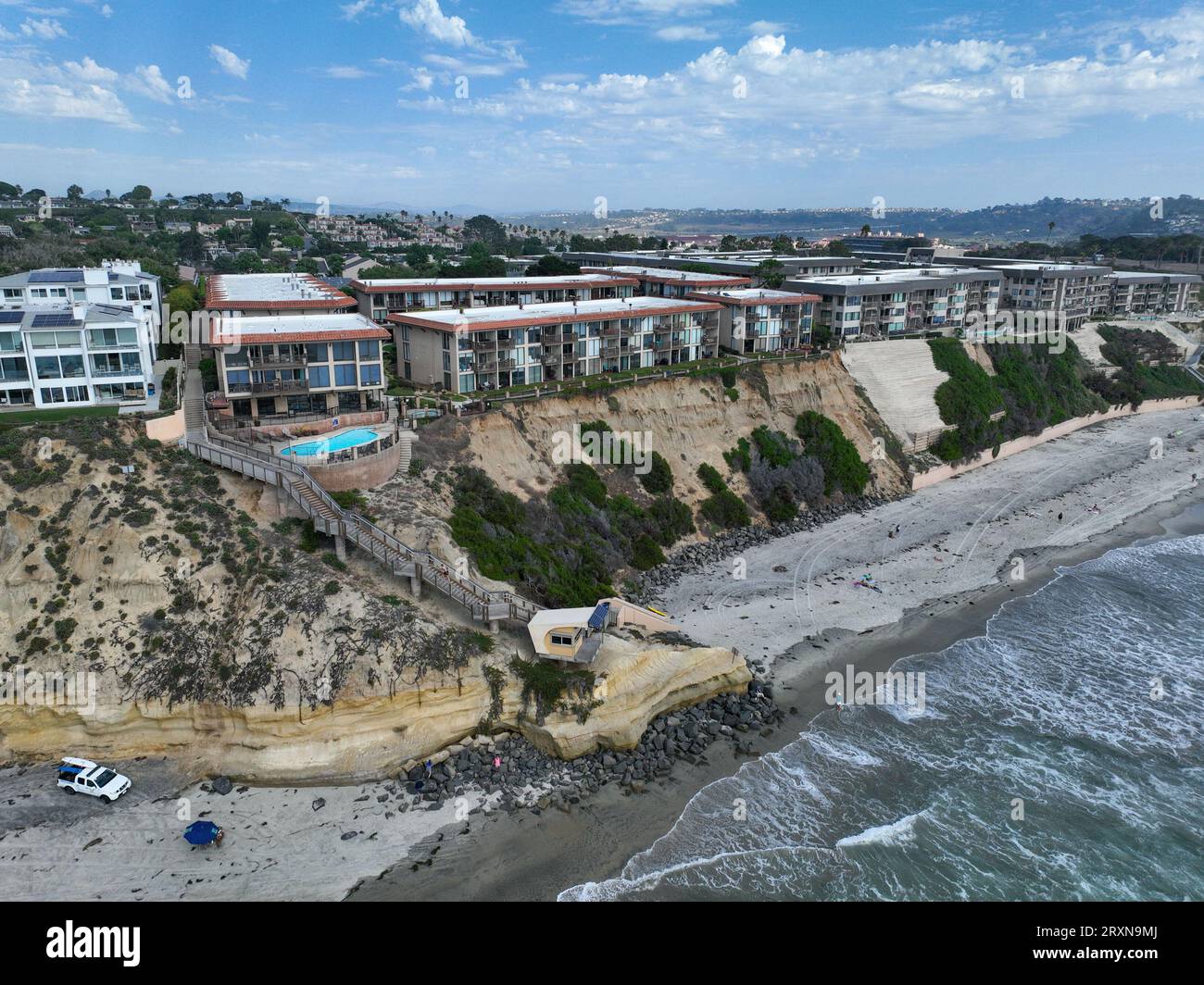 Aerial view of Del Mar Shores, California coastal cliffs and House with ...