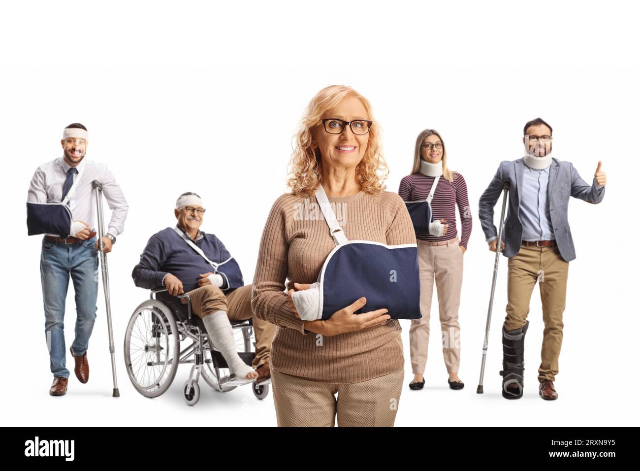 Group of people with crutches and a wheelchair, trauma and injury ...