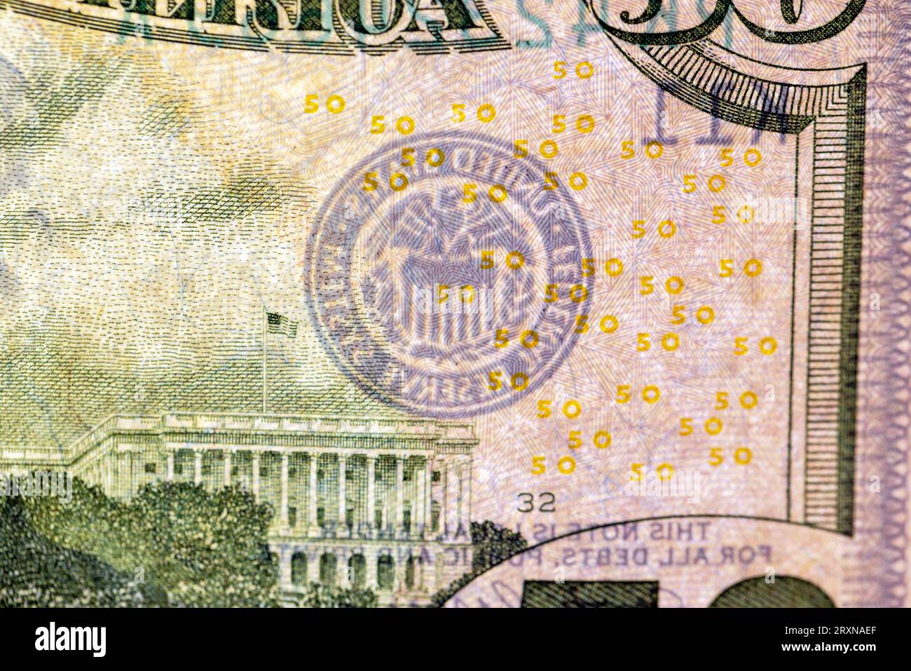 Details of American money close-up, details of an American fifty dollar ...