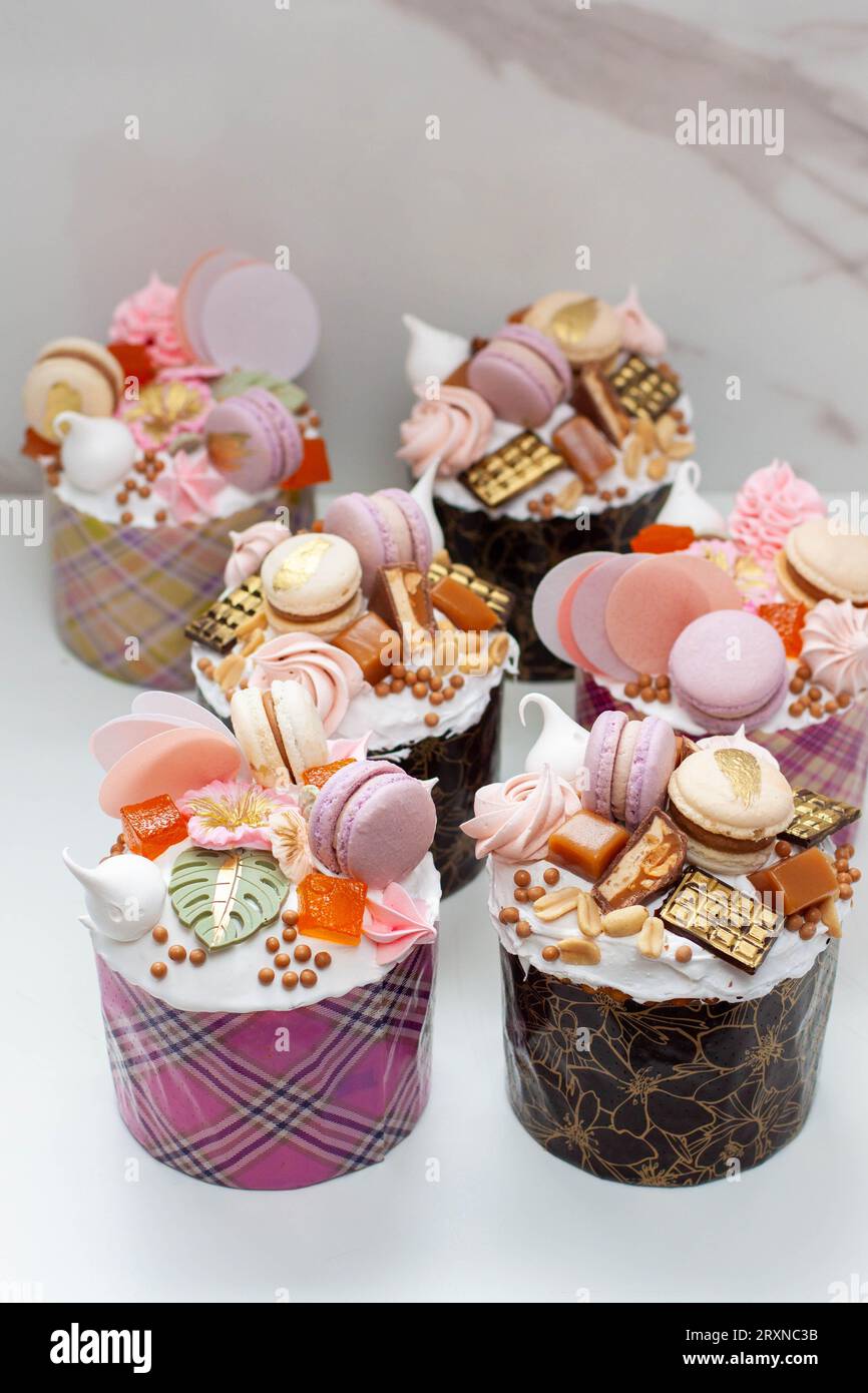 Set of beautiful traditional orthodox cakes decorated with glaze ...