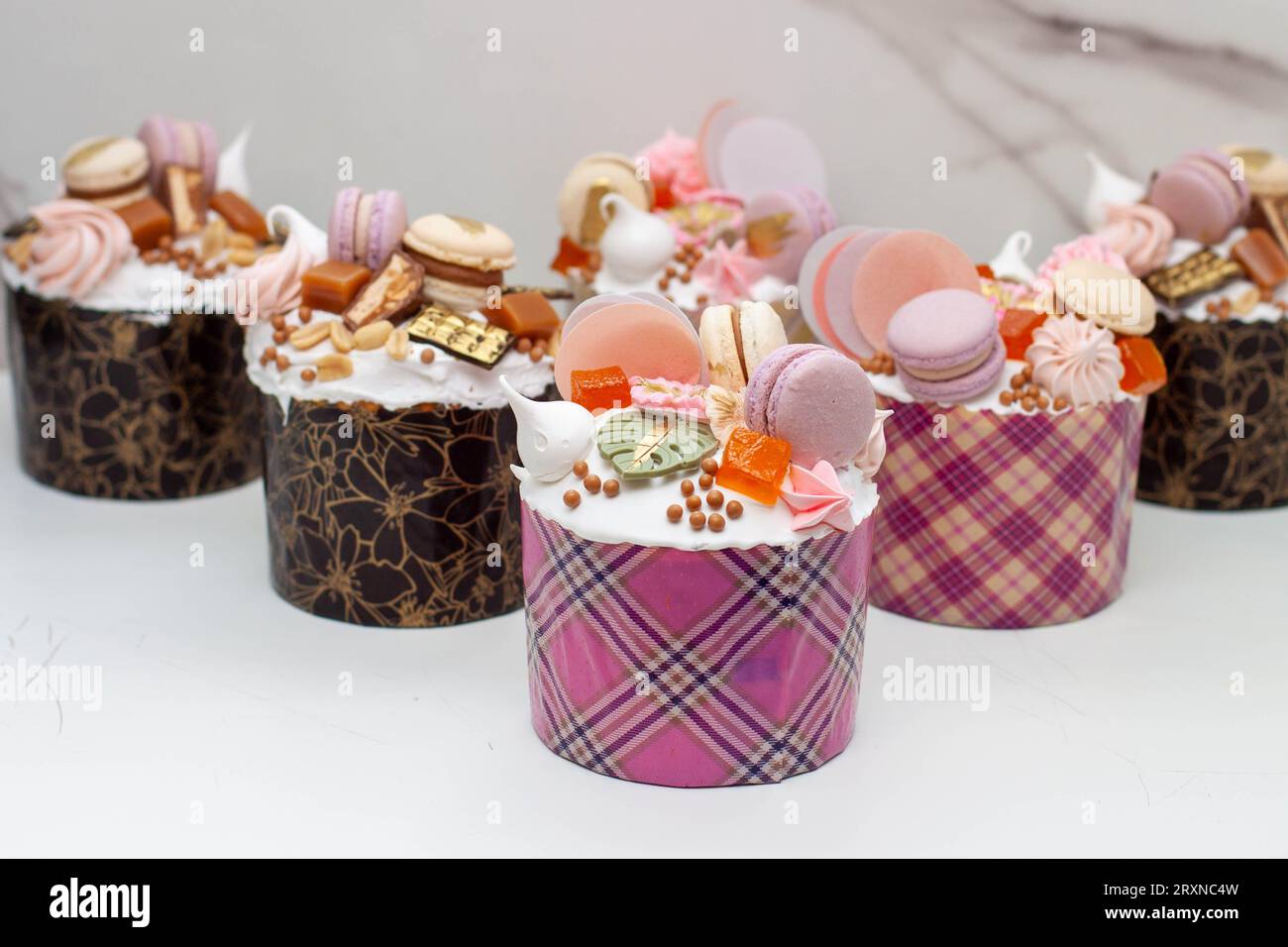 Set of beautiful traditional orthodox cakes decorated with glaze ...