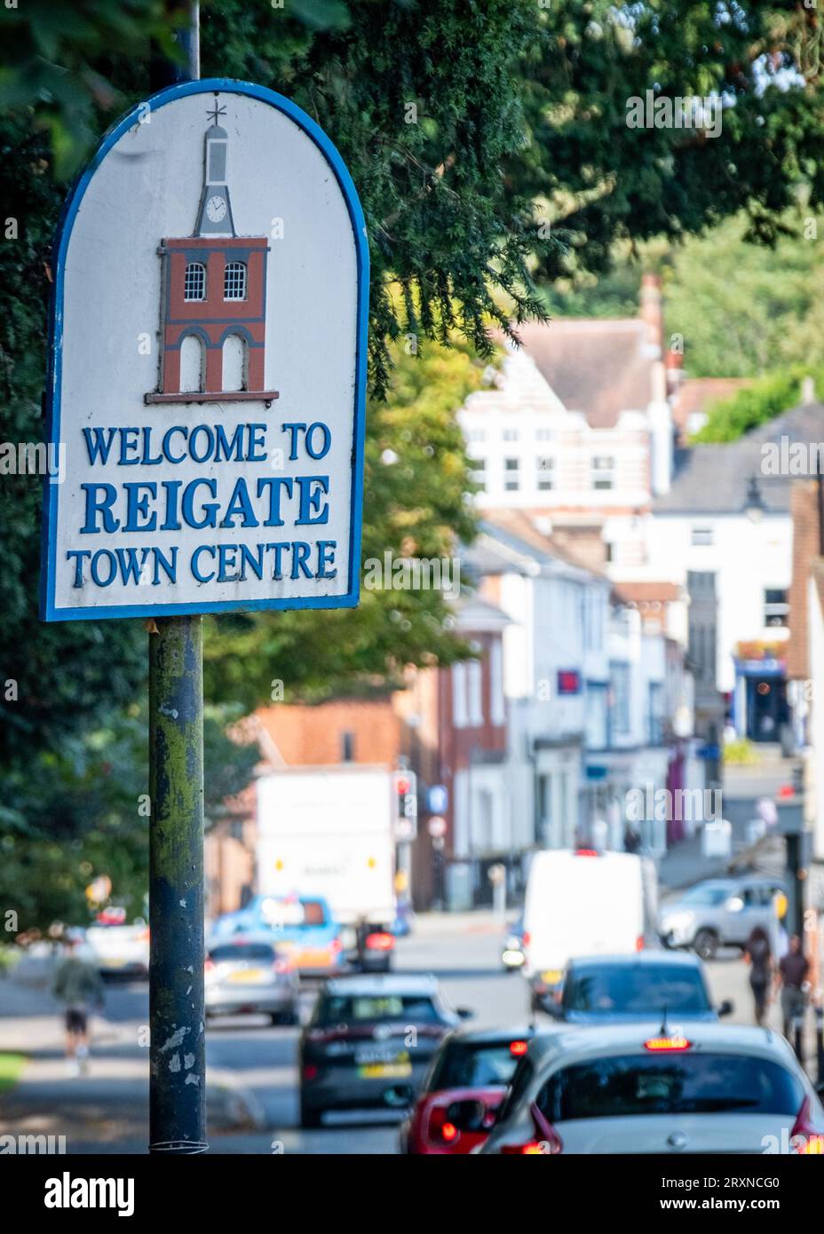 Reigate, Surrey, UK- September 26, 2023: Reigate Town Centre welcome ...