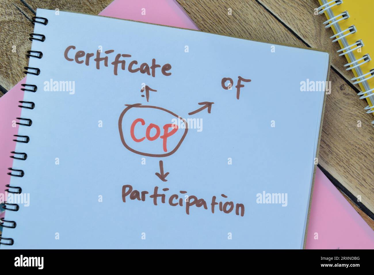 Concept of COP - Certificate of Participation write on paperwork ...