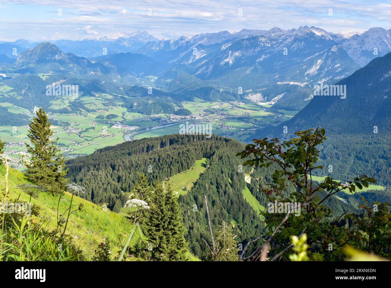 View of Golling in the Salzach valley from the Rossfeld panorama road ...