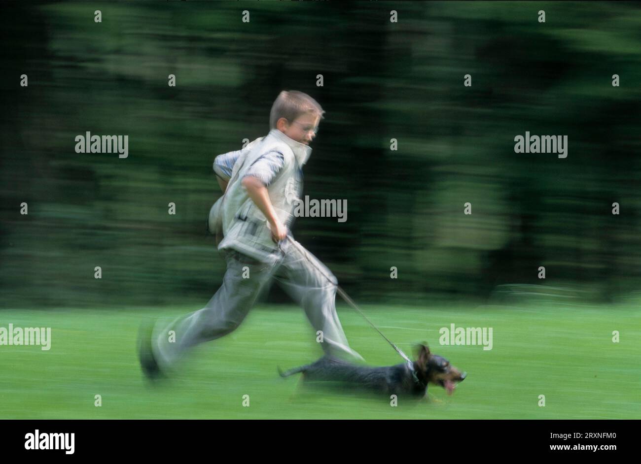Little boy running fast to his little one with dog, motion focus 8, 9 ...