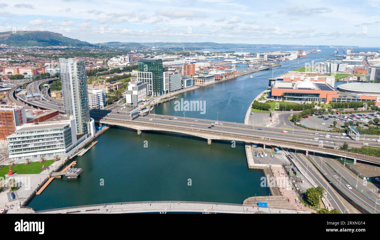 Aerial view on river and buildings in City centre of Belfast Northern ...
