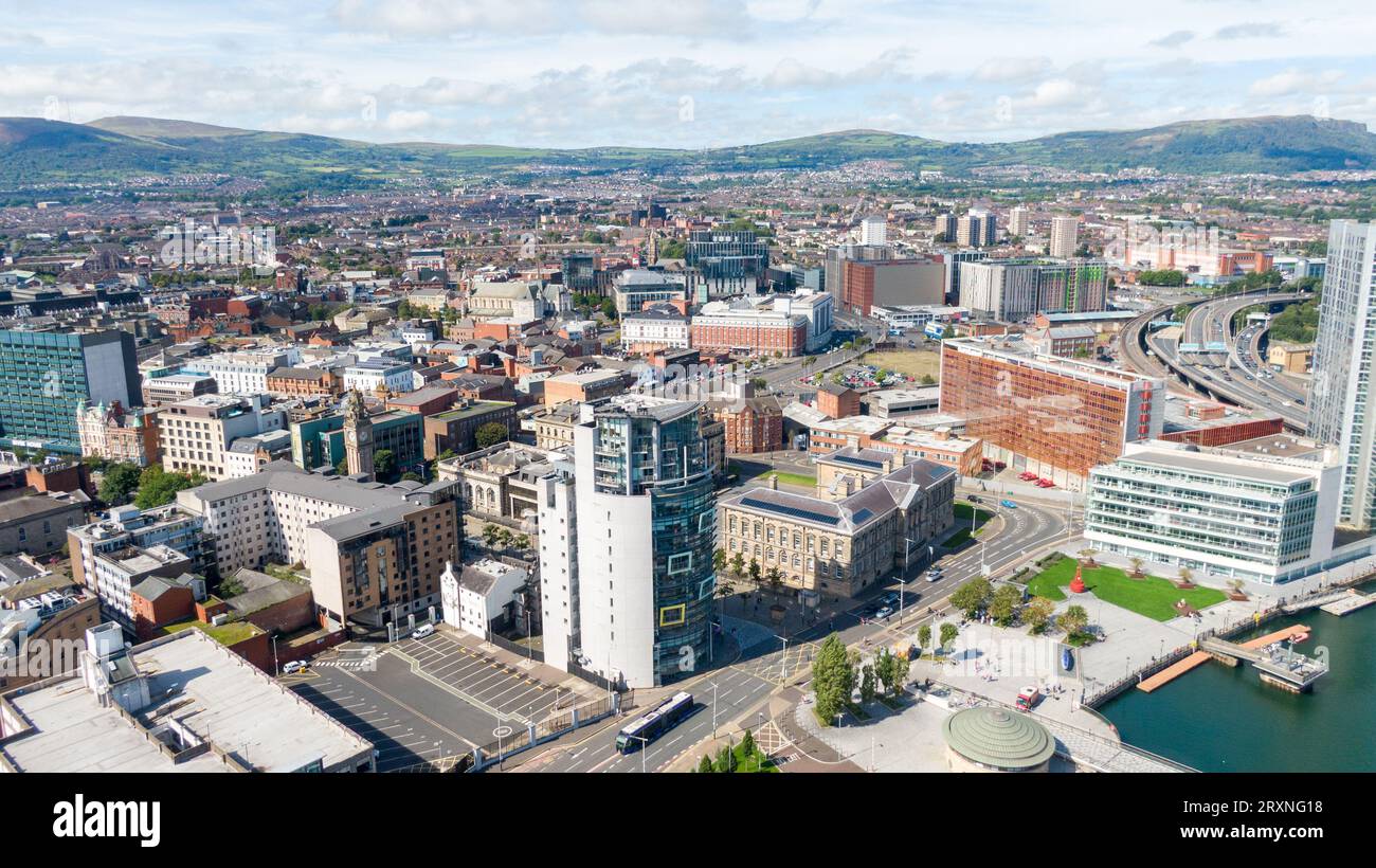 Aerial view on river and buildings in City centre of Belfast Northern ...