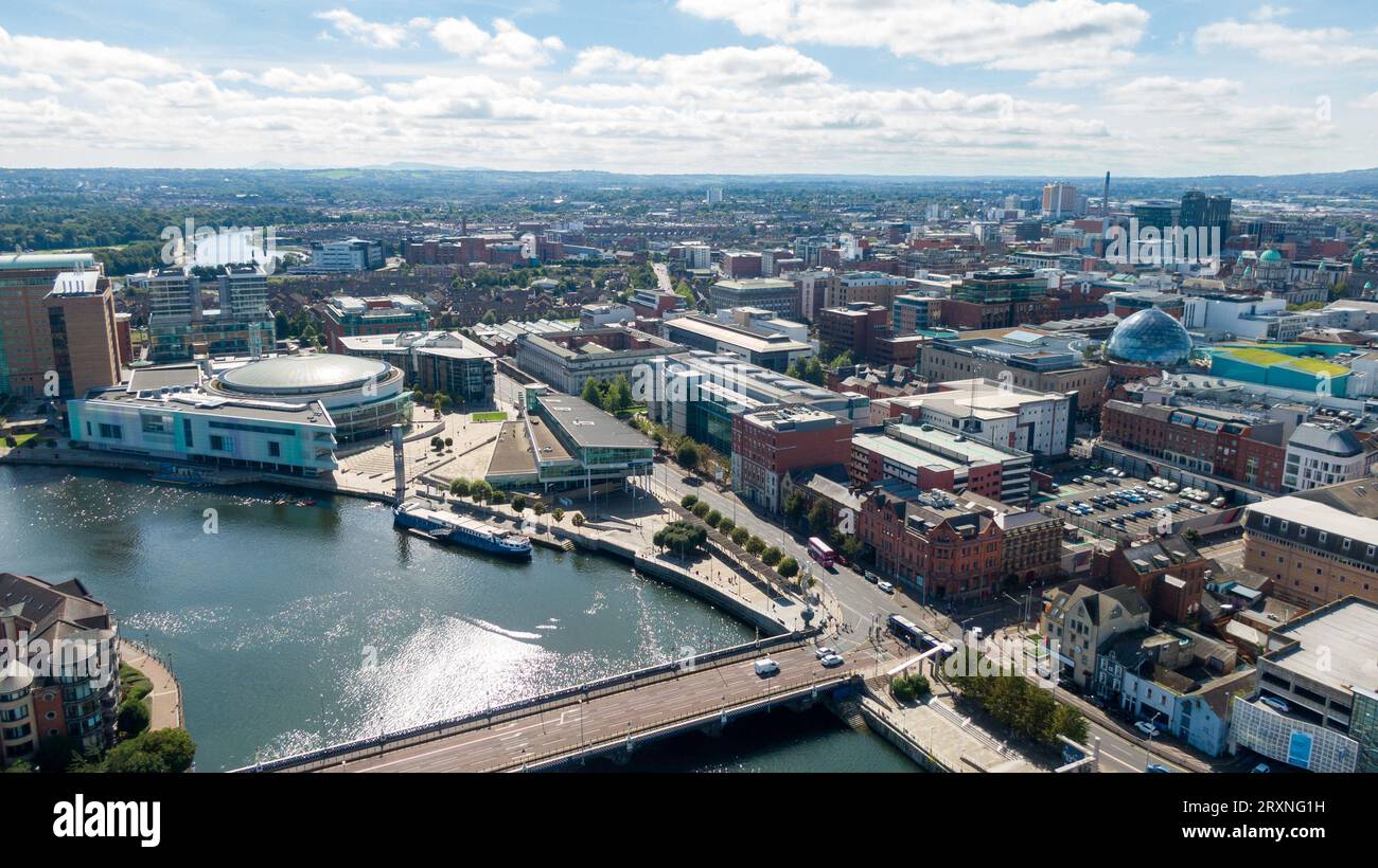 Aerial view on river and buildings in City centre of Belfast Northern Ireland. Drone photo, high ...