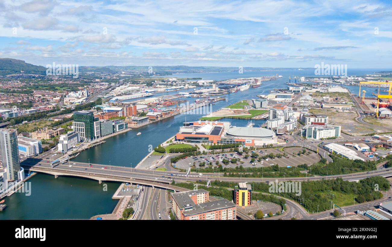 Aerial view on river and buildings in City centre of Belfast Northern ...