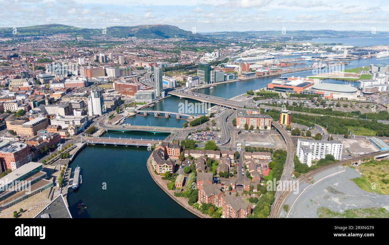 Aerial view on river and buildings in City centre of Belfast Northern ...