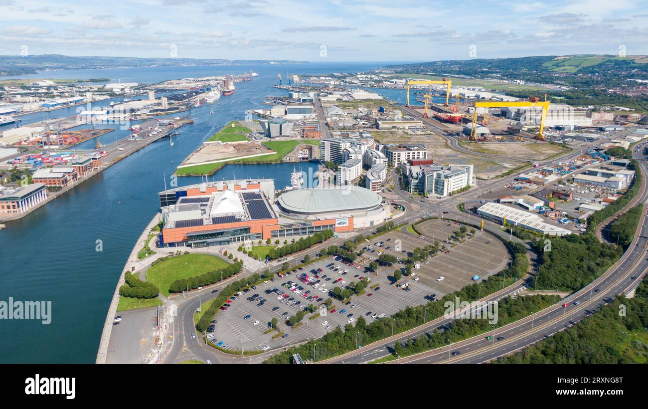 Aerial view on river and buildings in City centre of Belfast Northern ...