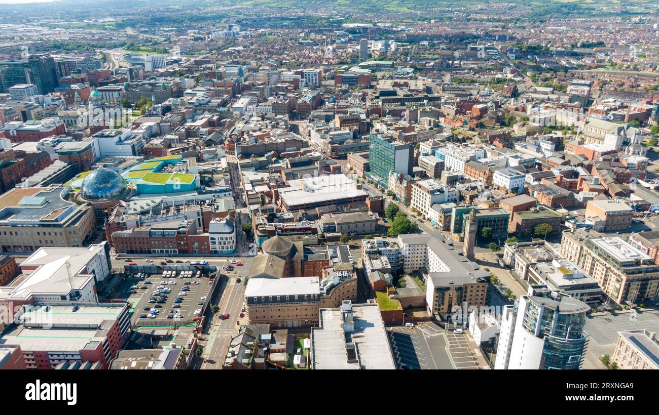 Aerial view on river and buildings in City centre of Belfast Northern ...