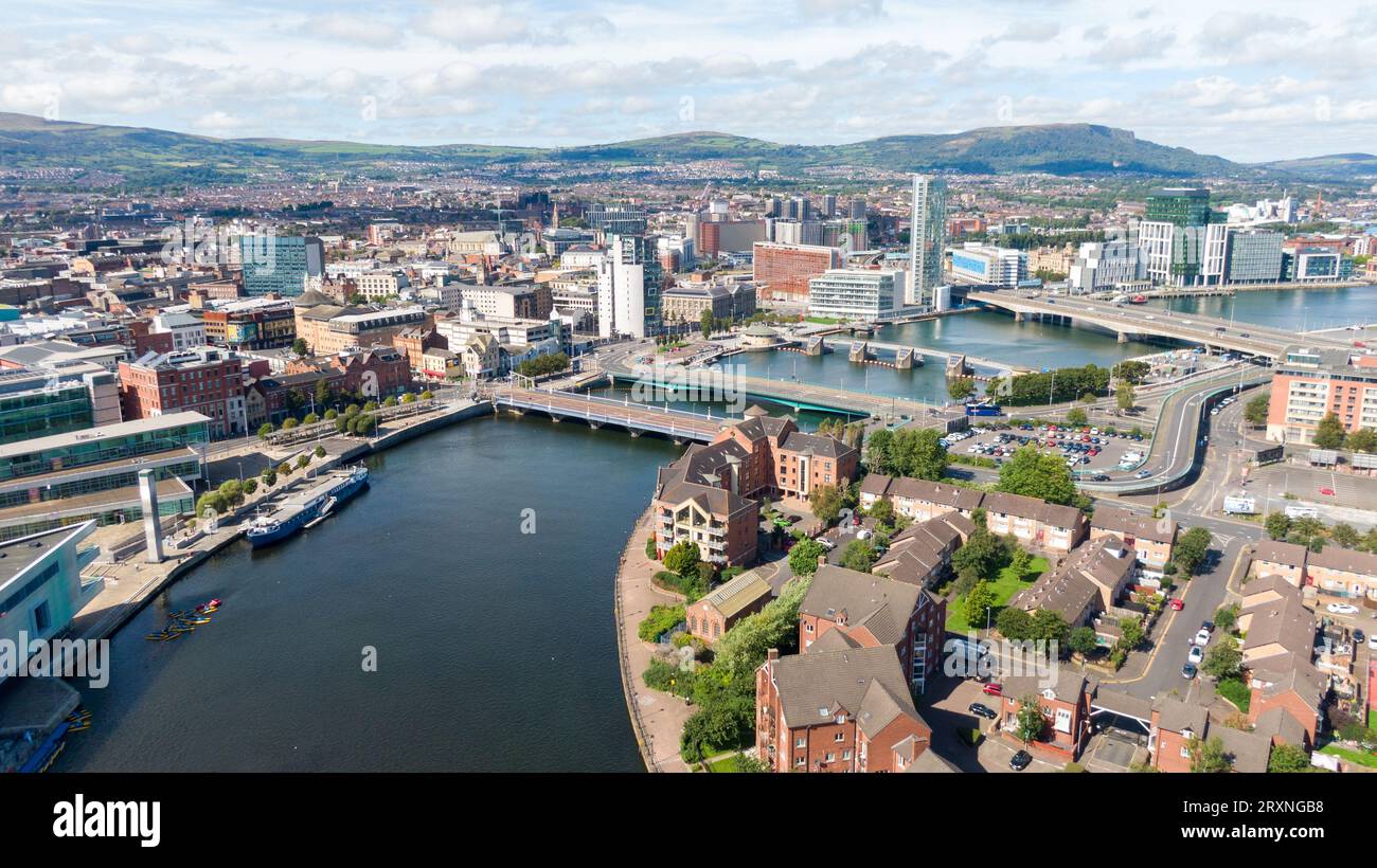 Aerial view on river and buildings in City centre of Belfast Northern ...