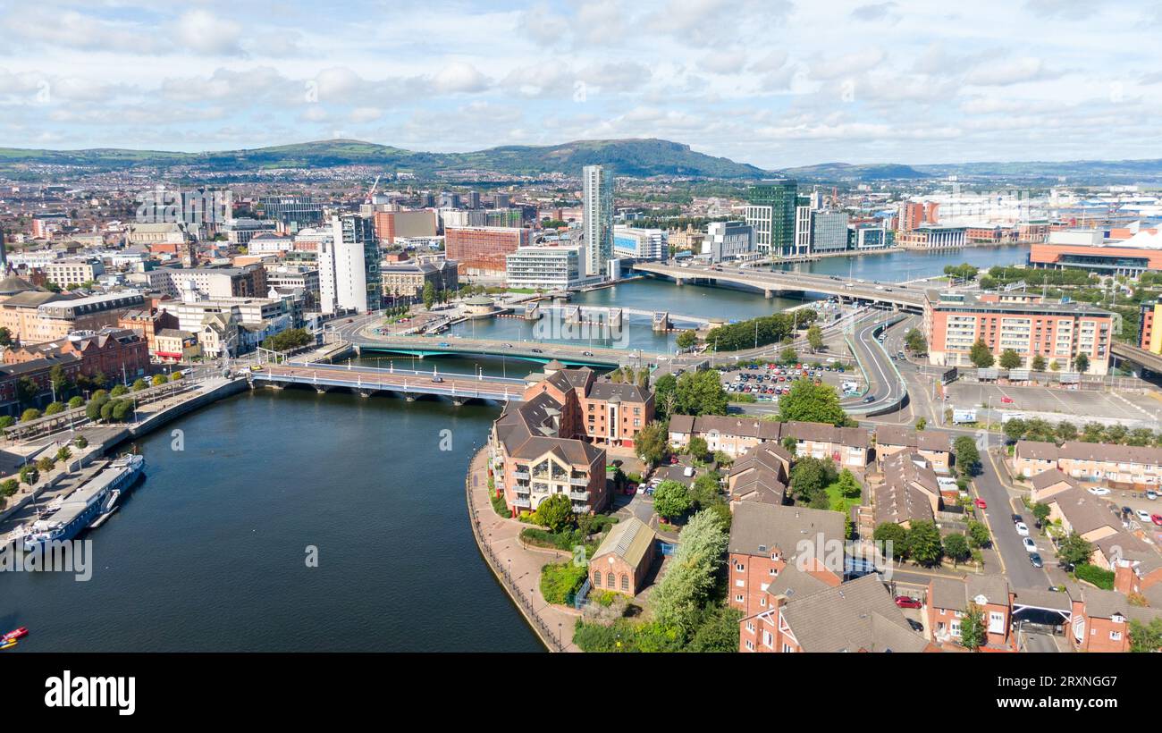 Aerial view on river and buildings in City centre of Belfast Northern ...