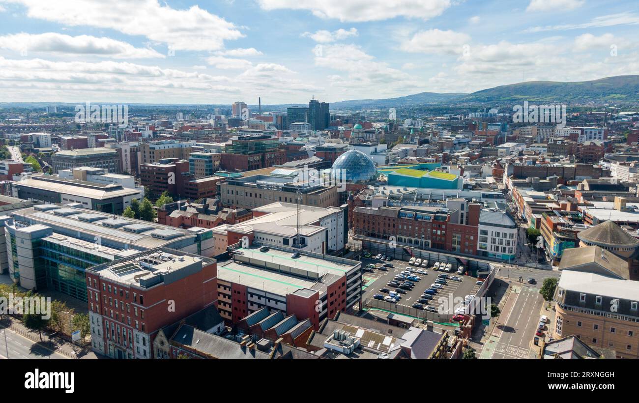 Aerial view on river and buildings in City centre of Belfast Northern ...