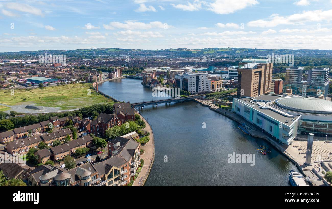 Aerial view on river and buildings in City centre of Belfast Northern ...
