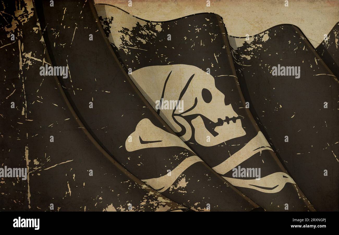 Background illustration of an old paper with a print of a waving Jolly ...